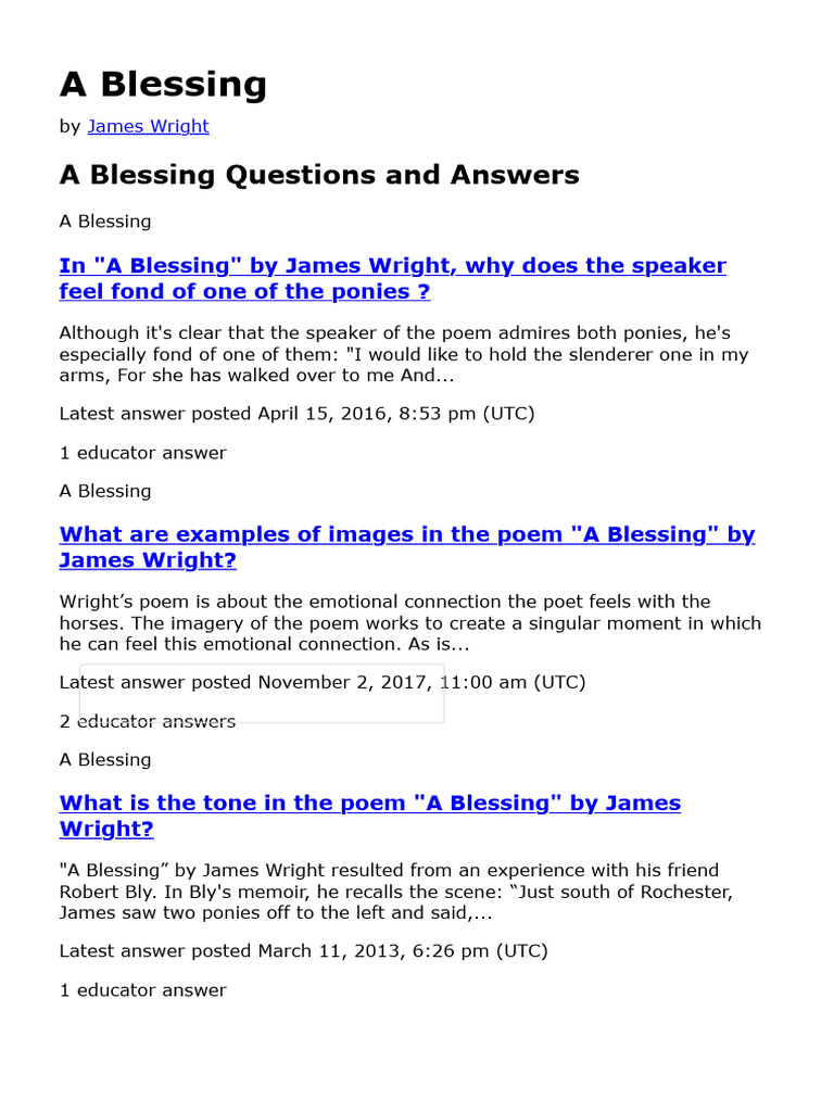 A Blessing Questions and Answers | PDF | Poetry