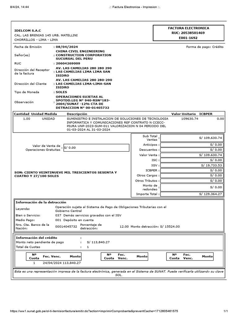 Factura Electronica - E001-1692 | PDF