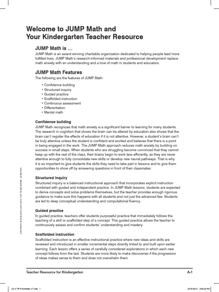 Kindergarten Introduction Welcome To JUMP Math | PDF | Teachers | Pedagogy
