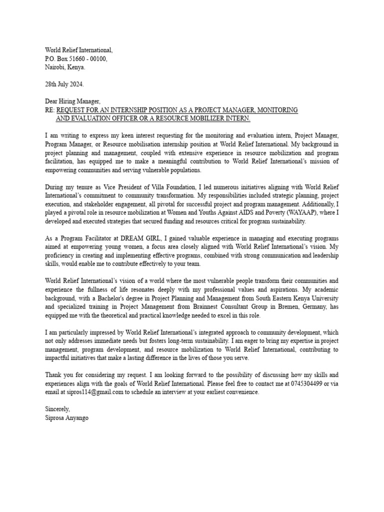 World Relief International Cover Lette. | PDF