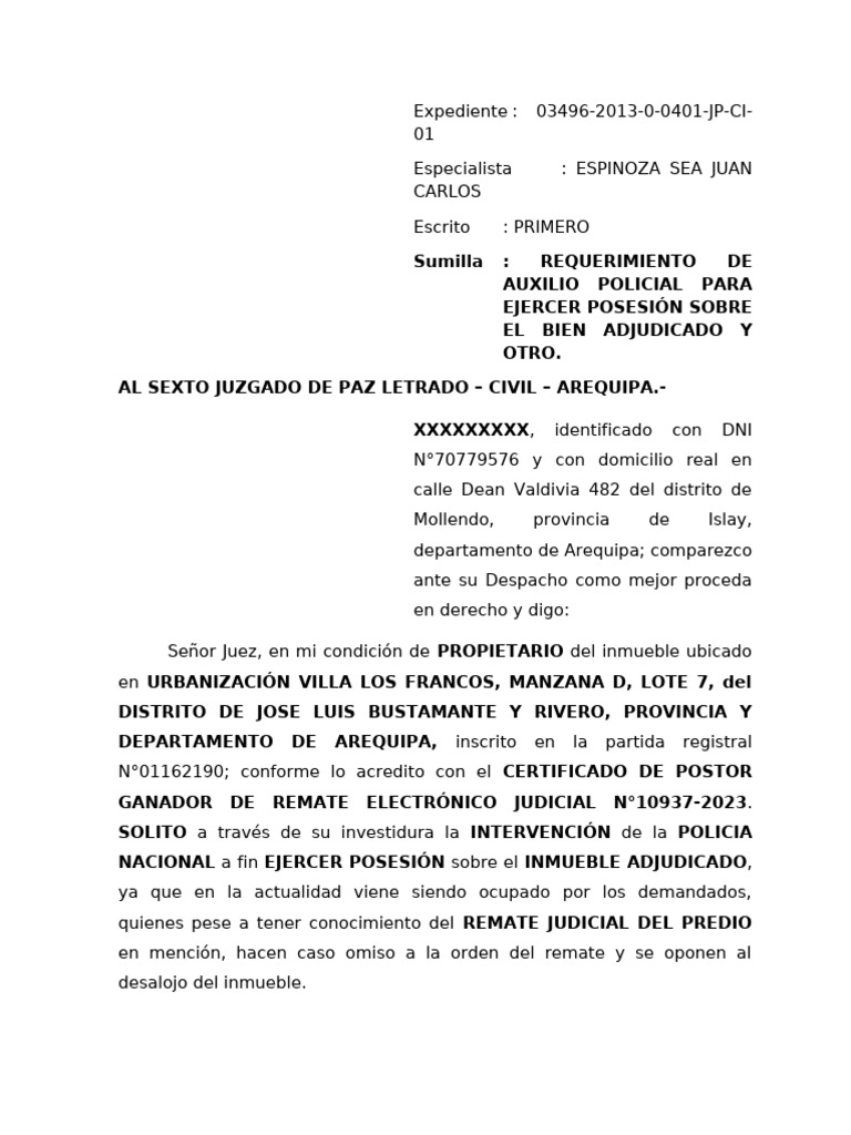 Requerimiento de Auxilio Policial para Ejercer Posesión Sobre El Bien ...