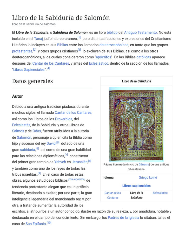Libro de la Sabiduría de Salomón - Wikipedia, la enciclopedia libre | PDF