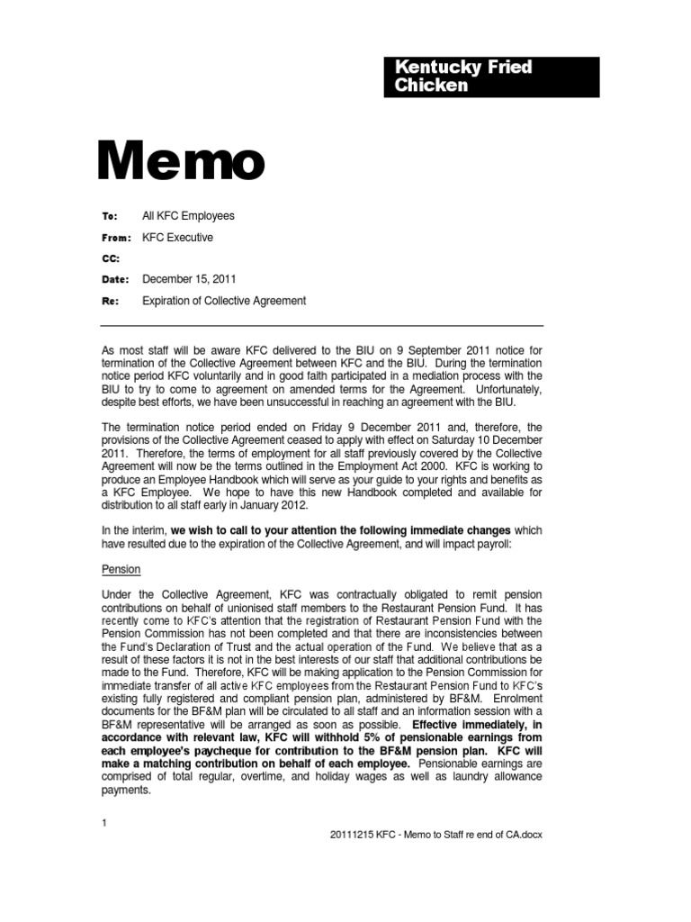 KFC - Memo To Staff Re End of CA | PDF | Overtime | Employment