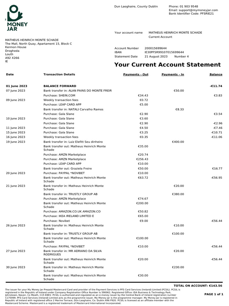 Your Current Account Statement: Date Transaction Details Payments - Out ...