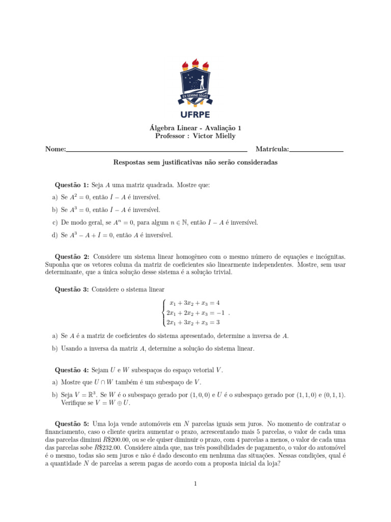 Lgebra Linear P1 | PDF