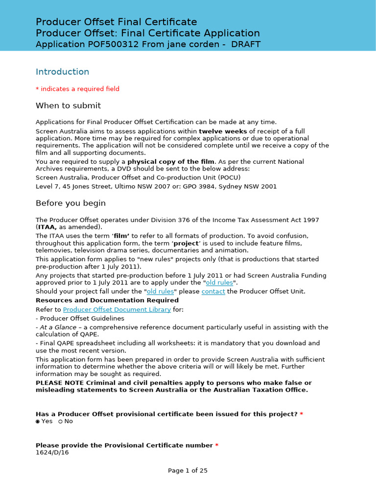 Screen Australia Producer Offset Online Form | PDF
