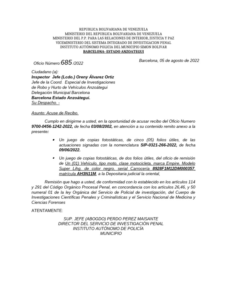 Modelo Oficio Remision de Actuaciones Al Cicpc | PDF