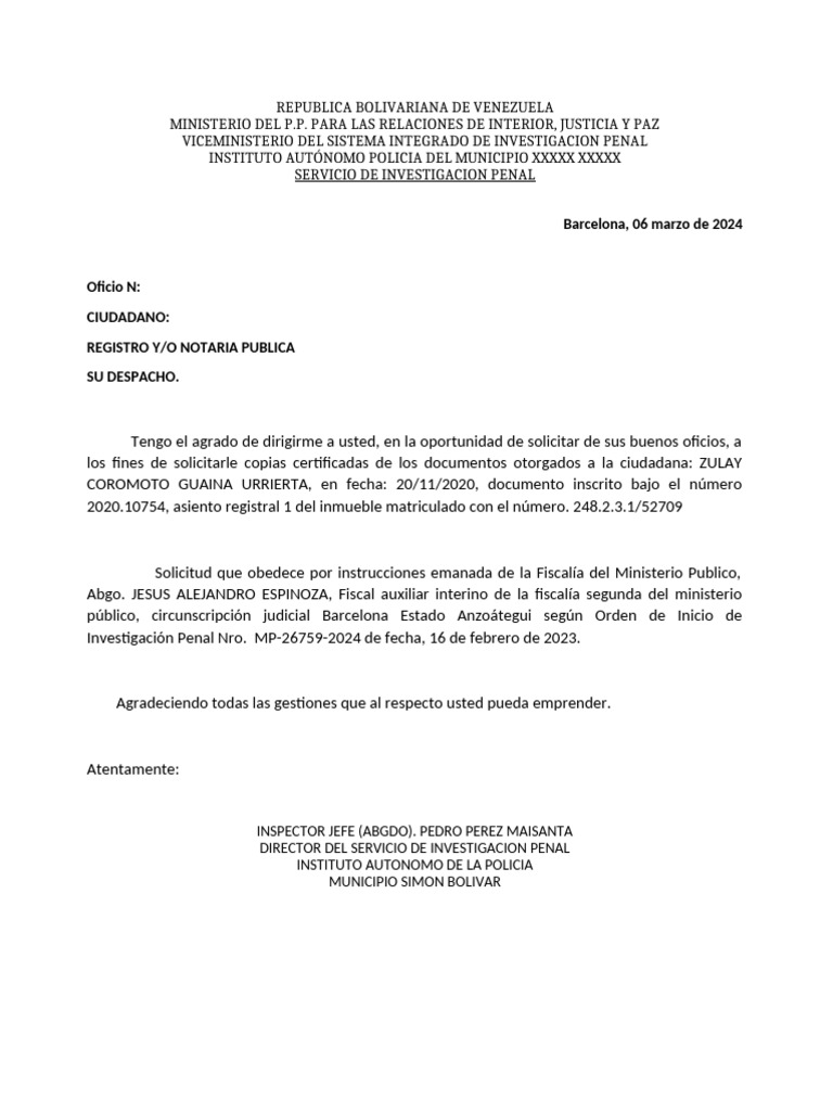 Modelo Oficio Solicitud de Informacion Notaria Publica | PDF