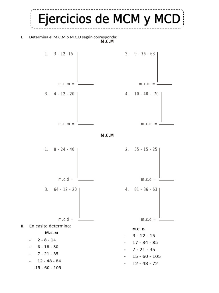 Ficha Ejercicios de MCM y MCD para Cuarto de Primaria | PDF