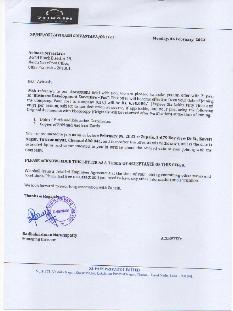 Avinash S - Offer Letter | PDF