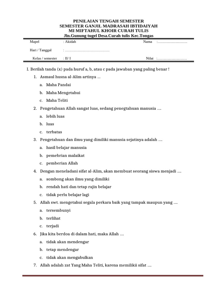 Soal PTS Genap Akidah Akhlak Kls 2 Semester 2 | PDF