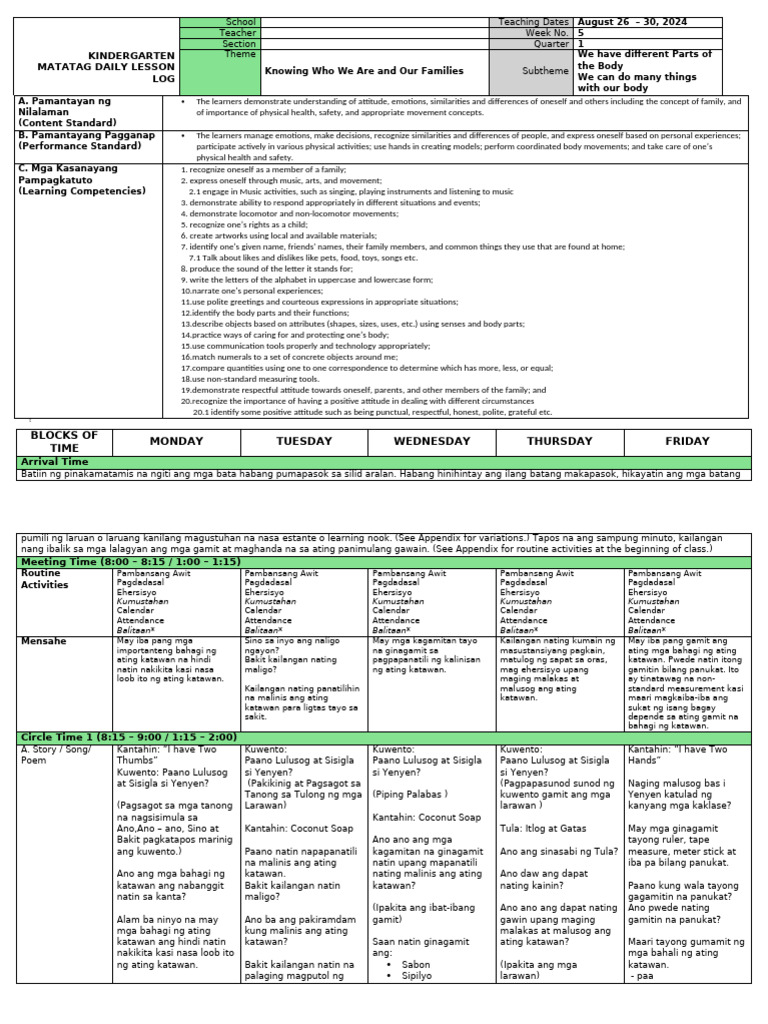 Q1 Week 5 Kinder MATATAG DLL | PDF