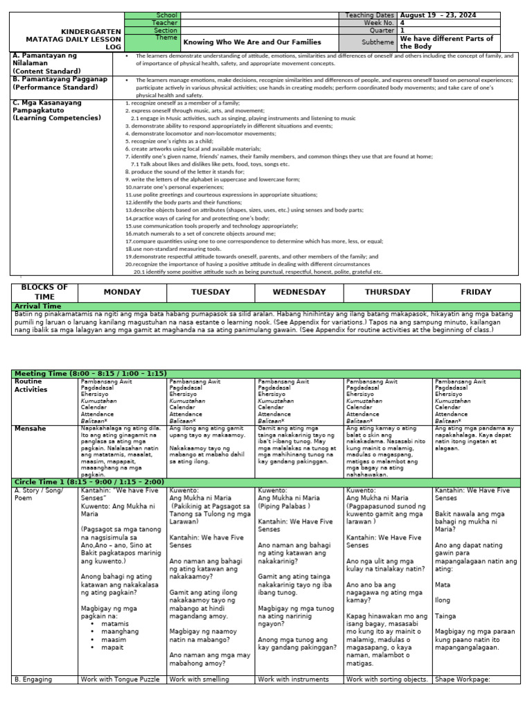 Q1 Week 4 Kinder MATATAG DLL | PDF