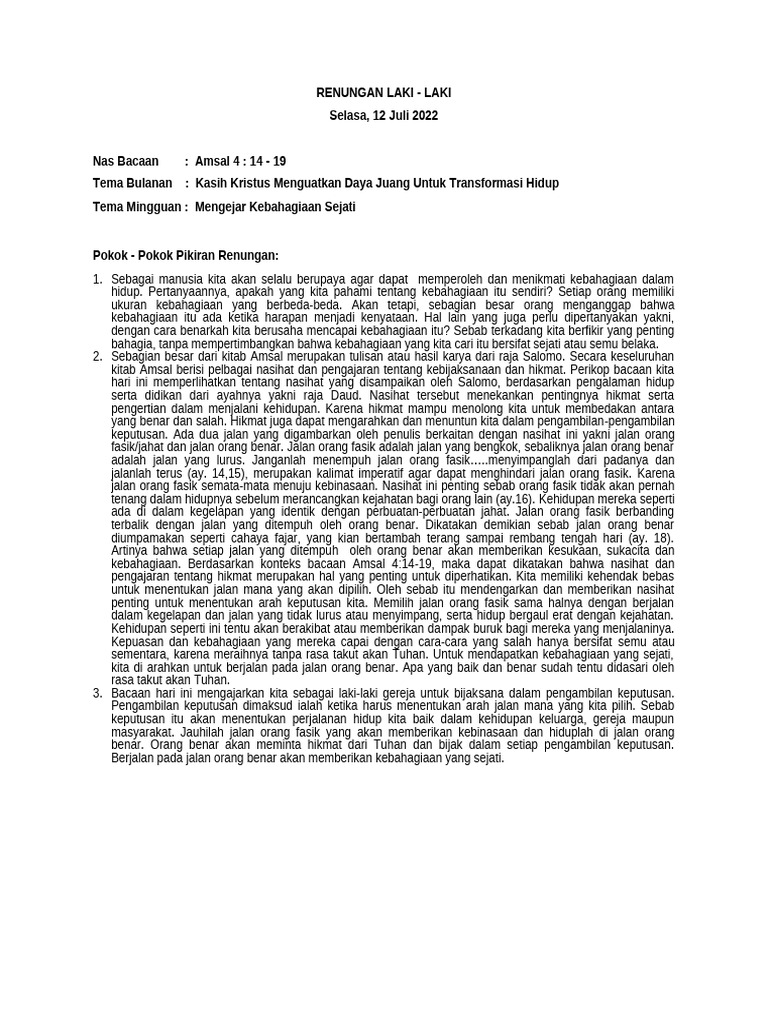 Renungan Laki2 12 Juli 2022 | PDF