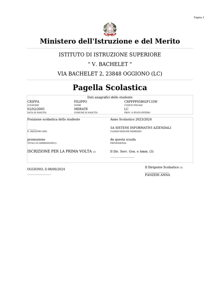 Pagella (Formato A4) | PDF