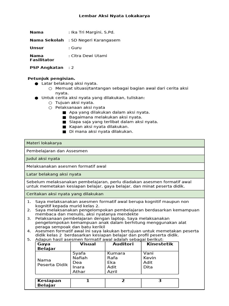 Lembar Aksi Nyata Lokakarya-Pembelajaran Dan Asesmen Kelas 1 | PDF