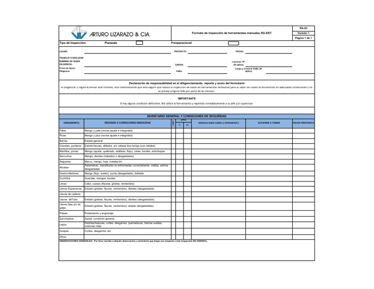 RA-63 Versión 1 Página 1 de 1: Revision O Condiciones Inseguras | PDF