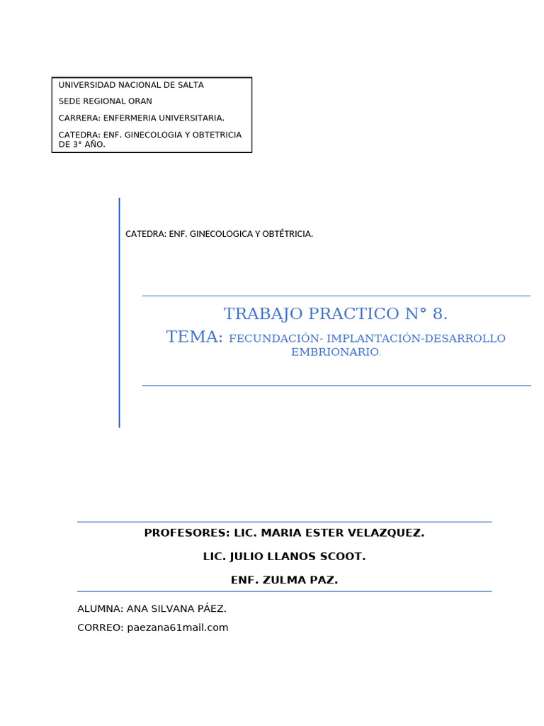 Trabajo Practico N°8 Tema Fecundacion, Implantación, Desarrollo ...