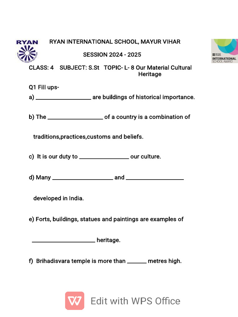 L - 8 Our Material Cultural Heritage Worksheet 1 - Ic1003614 | PDF | Art