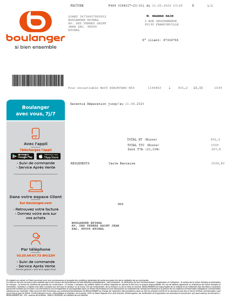 Facture Four Encastrable Neff B6acm7ah0 | PDF