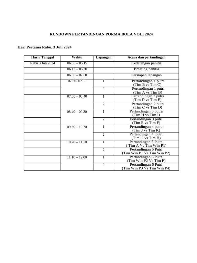 Rundown Pertandingan Porma Bola Voli 2024 Fixxx | PDF