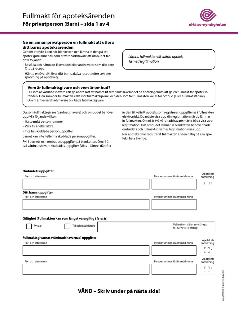 Fullmakt Apoteksarenden Privatperson Gallande Barn | PDF