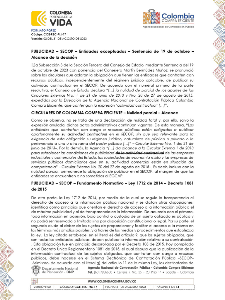 Concepto N c294 de 2023 de La Agencia Nacional de Contrataci Es | PDF