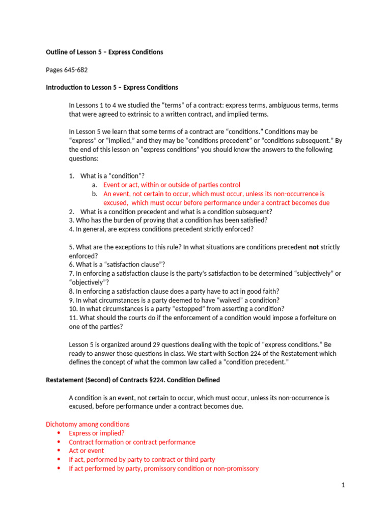 Outline of Lesson 5 - Express Conditions | PDF | Parol Evidence Rule ...