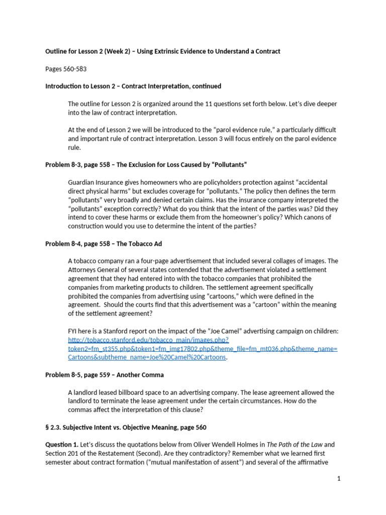 Outline For Lesson 2 - Using Extrinsic Evidence | PDF | Parol Evidence ...