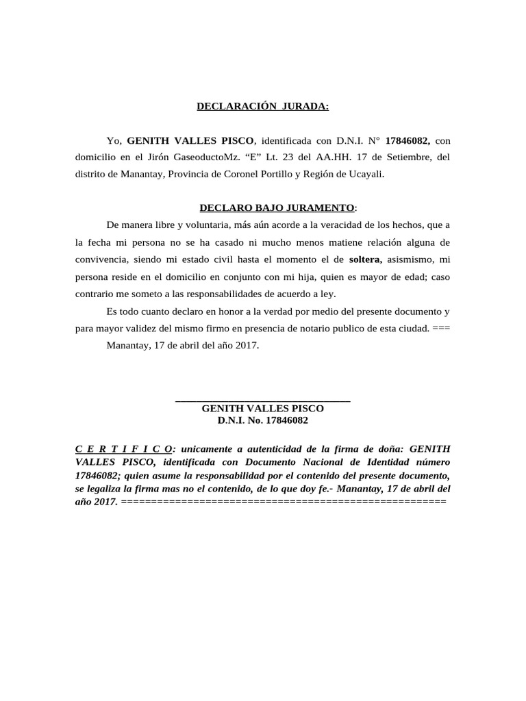 DECLA JURADA ESTADO CIVIL - Valles Pisco (SOLTERIA) | PDF