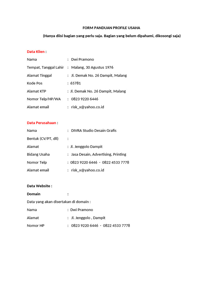 Form panduan website profil usaha | PDF