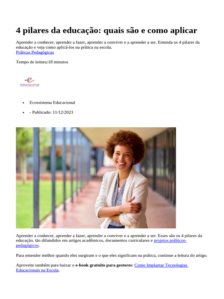 4 Pilares da Educação: Entenda e Aplique | PDF | Aprendizado | Carreira ...