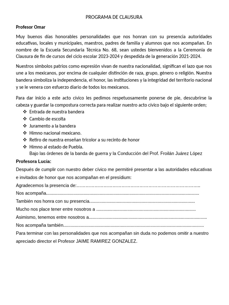 EJEMPLO DE PROGRAMA DE CLAUSURA | PDF