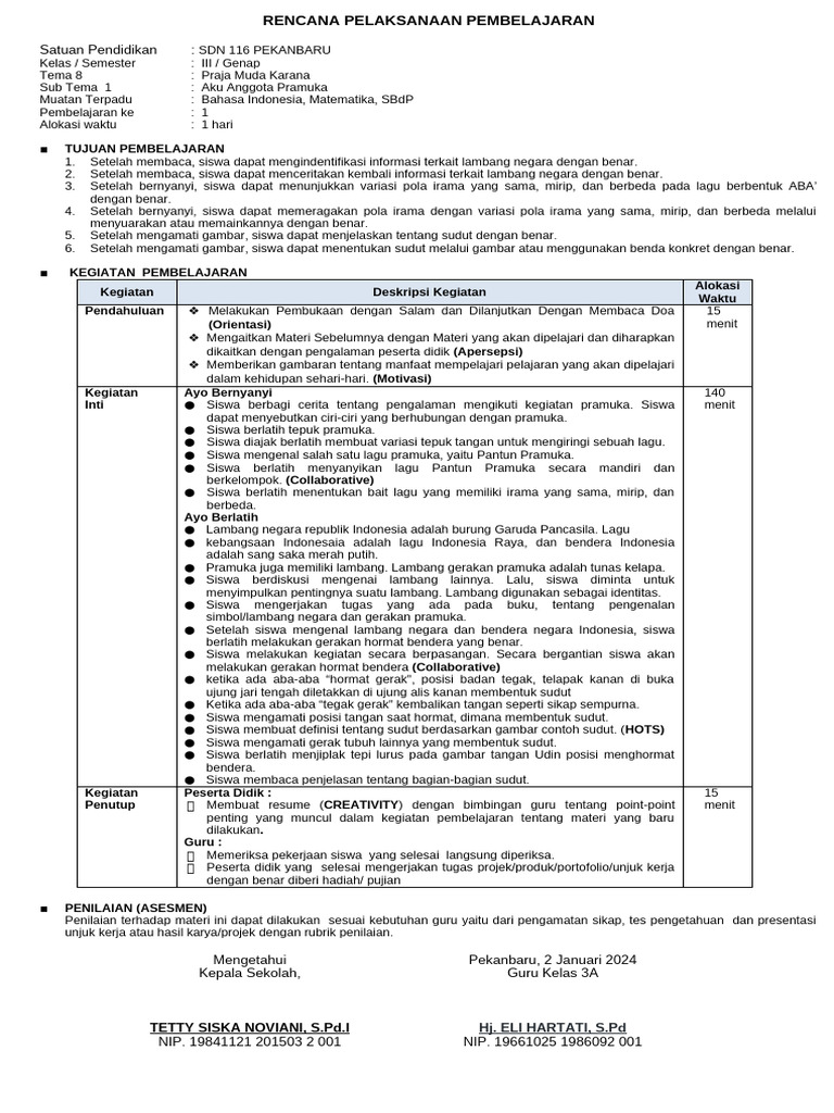 RPP 1 Lembar Kelas 3 Tema 8 | PDF