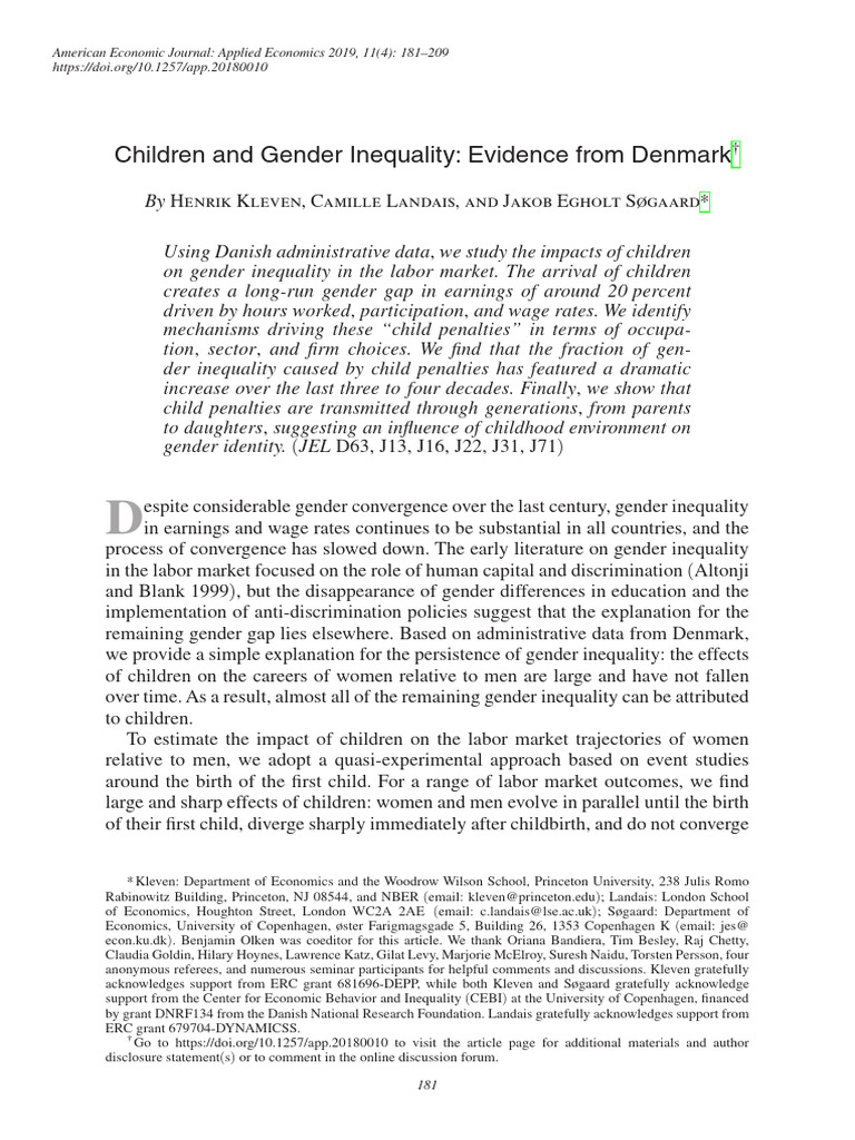 Kleven Et Al 2019 Children and Gender Inequality Evidence From Denmark ...