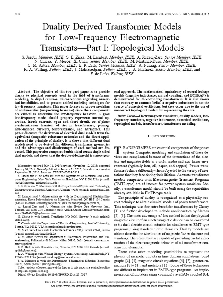 Sergey E. Zirka 2016 Duality Derived Transformer Models For Low-Frequency Electromagnetic ...