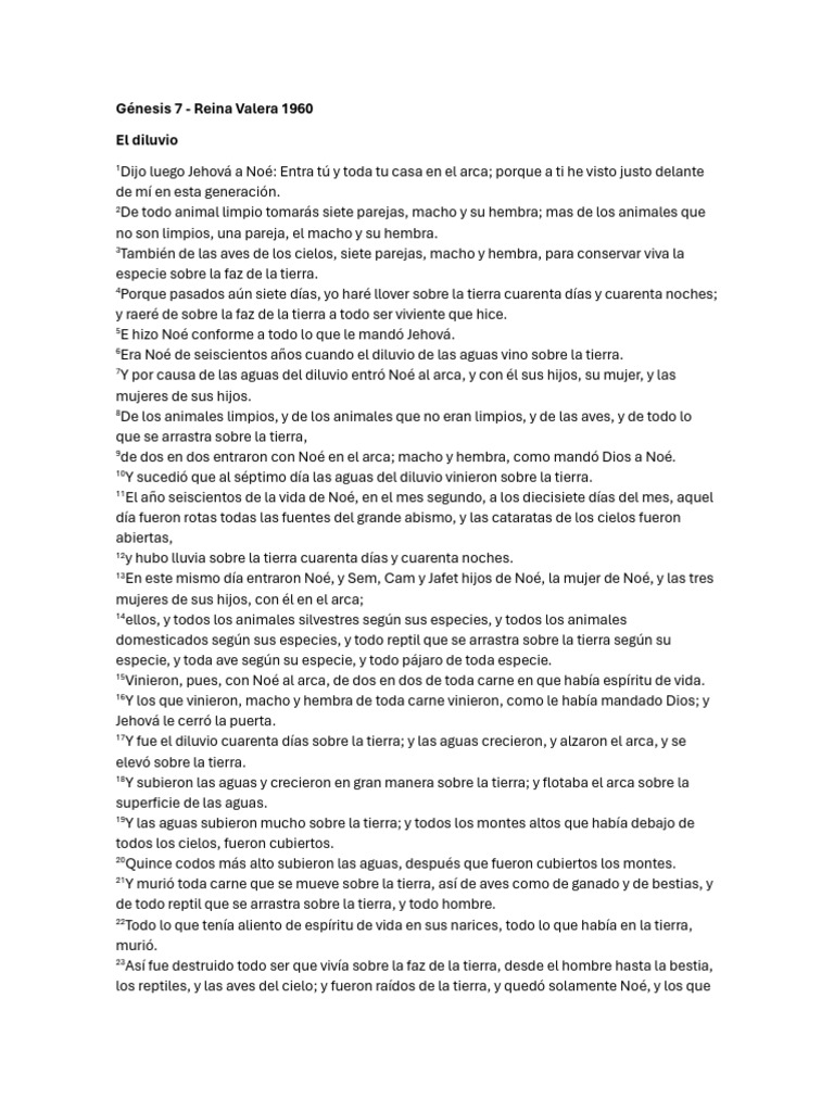Genesis Capítulo 7 - Reina Valera 1960 | PDF | Arca de Noé | Noé