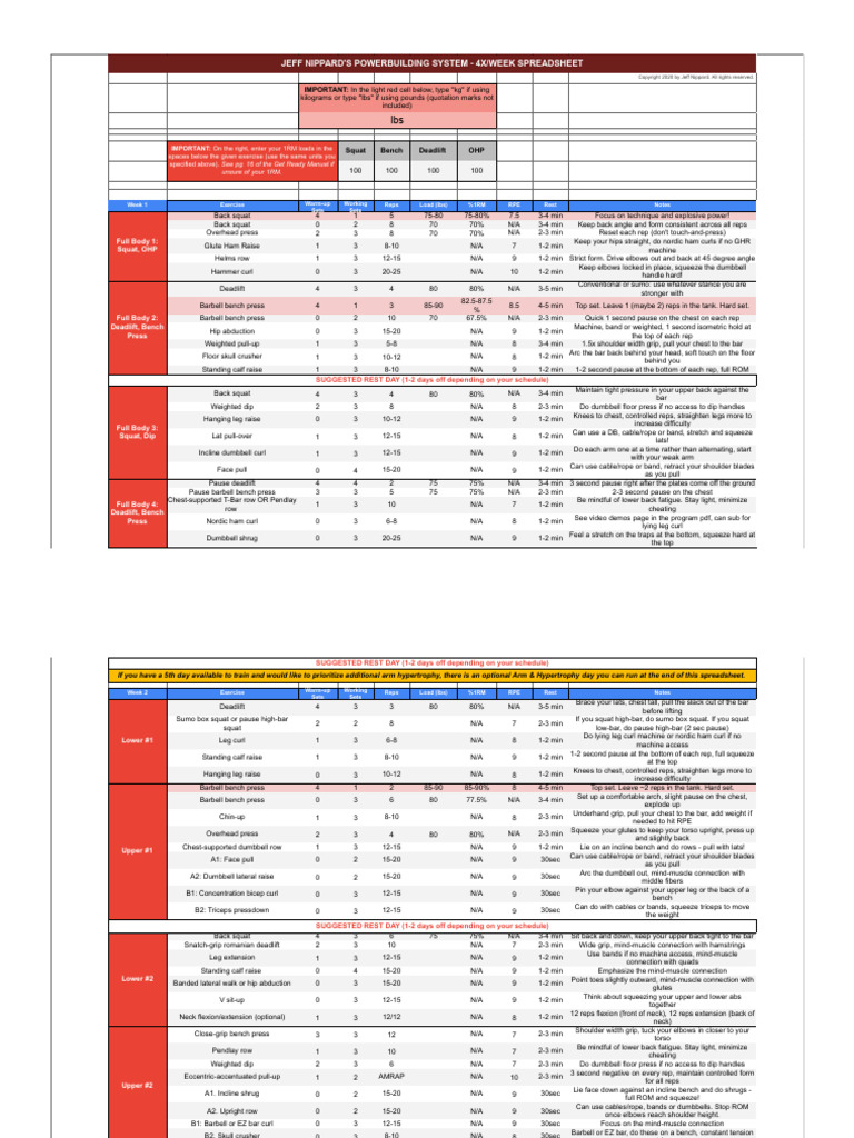 POWERBUILDING 4x Spreadsheet | PDF