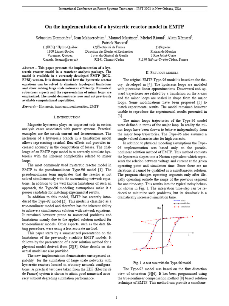 Sébastien Dennetière 2003 On The Implementation of A Hysteretic Reactor Model in EMTP | PDF