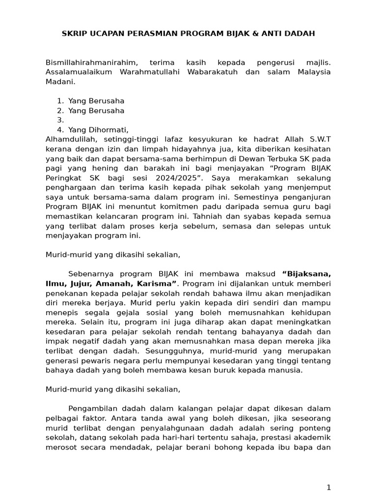 Teks Ucapan Perasmian Program Bijak Anti Dadah 3 | PDF