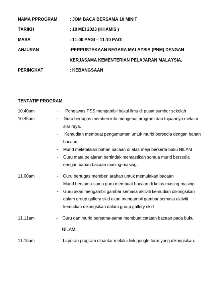 PROGRAM Jom Baca Bersama 10 Minit | PDF
