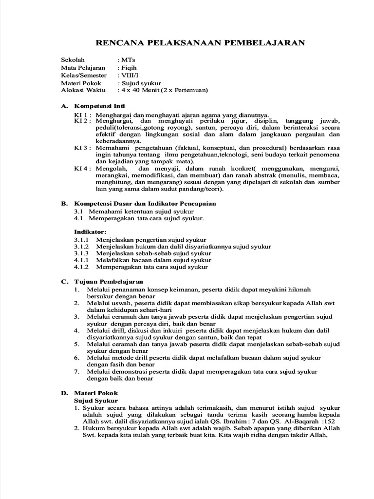 PDF RPP Ki KD 31sujud Syukur 1 Kamimadrasah - Compress | PDF