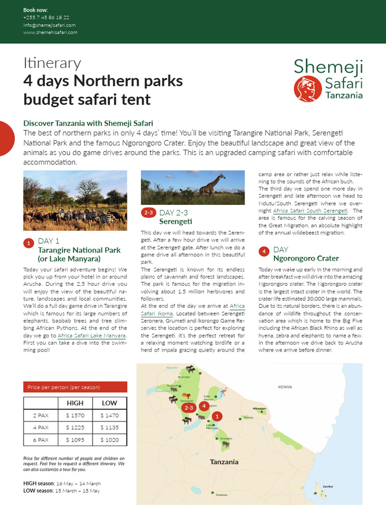 ES - Itinerary 4 Days Northern Parks Budget Safari Tent | PDF