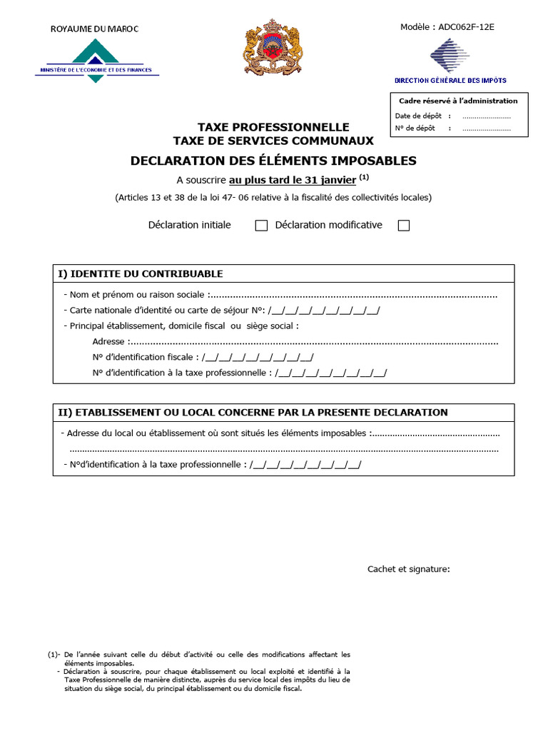 Declaration Des Éléments Imposables: Taxe Professionnelle Taxe de ...