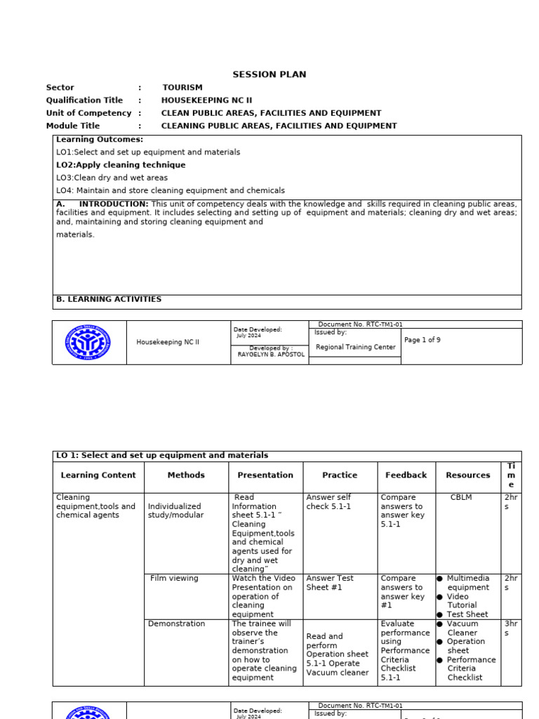 4. Session Plan ( Unit of Competency Housekeeping-final (2).docx RAYGE | PDF