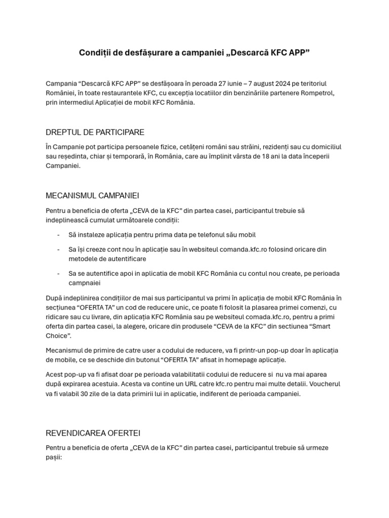 Conditii Desfasurare Campanie KFC App | PDF