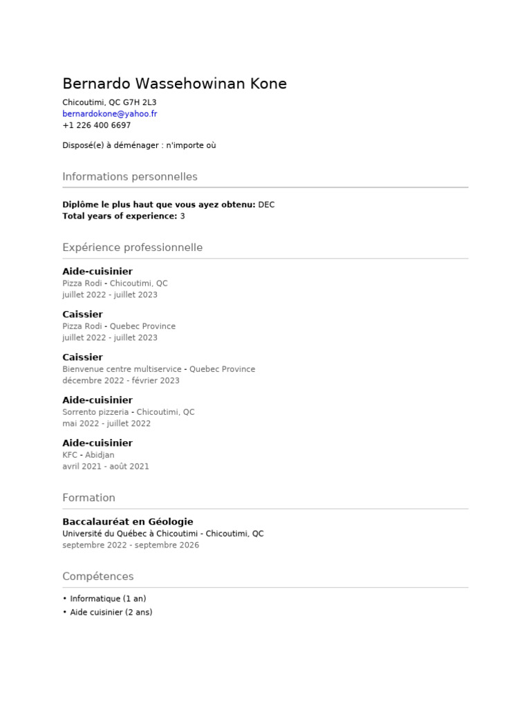 Bernardo-Wassehowinan-Kone CV 4 | PDF