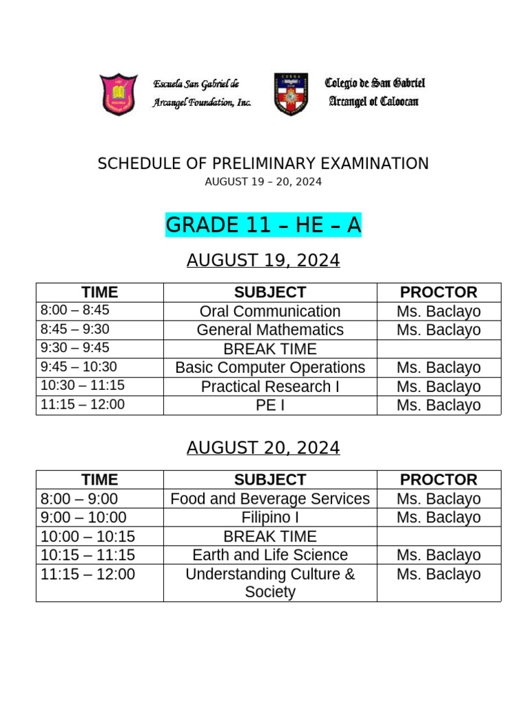 SHS Schedule of Exam 2024 | PDF