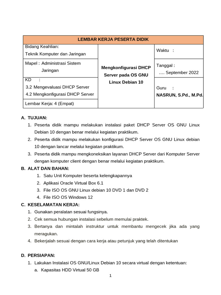 LKPD 4 Konfigurasi DHCP Server Pada Os Gnu Linux Debian 10 | PDF