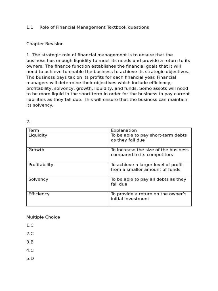 1.1 Role of Financial Management Textbook Questions | PDF